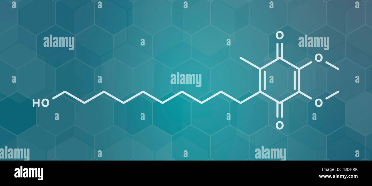 Idebenone drug molecule. White skeletal formula on dark teal gradient ...