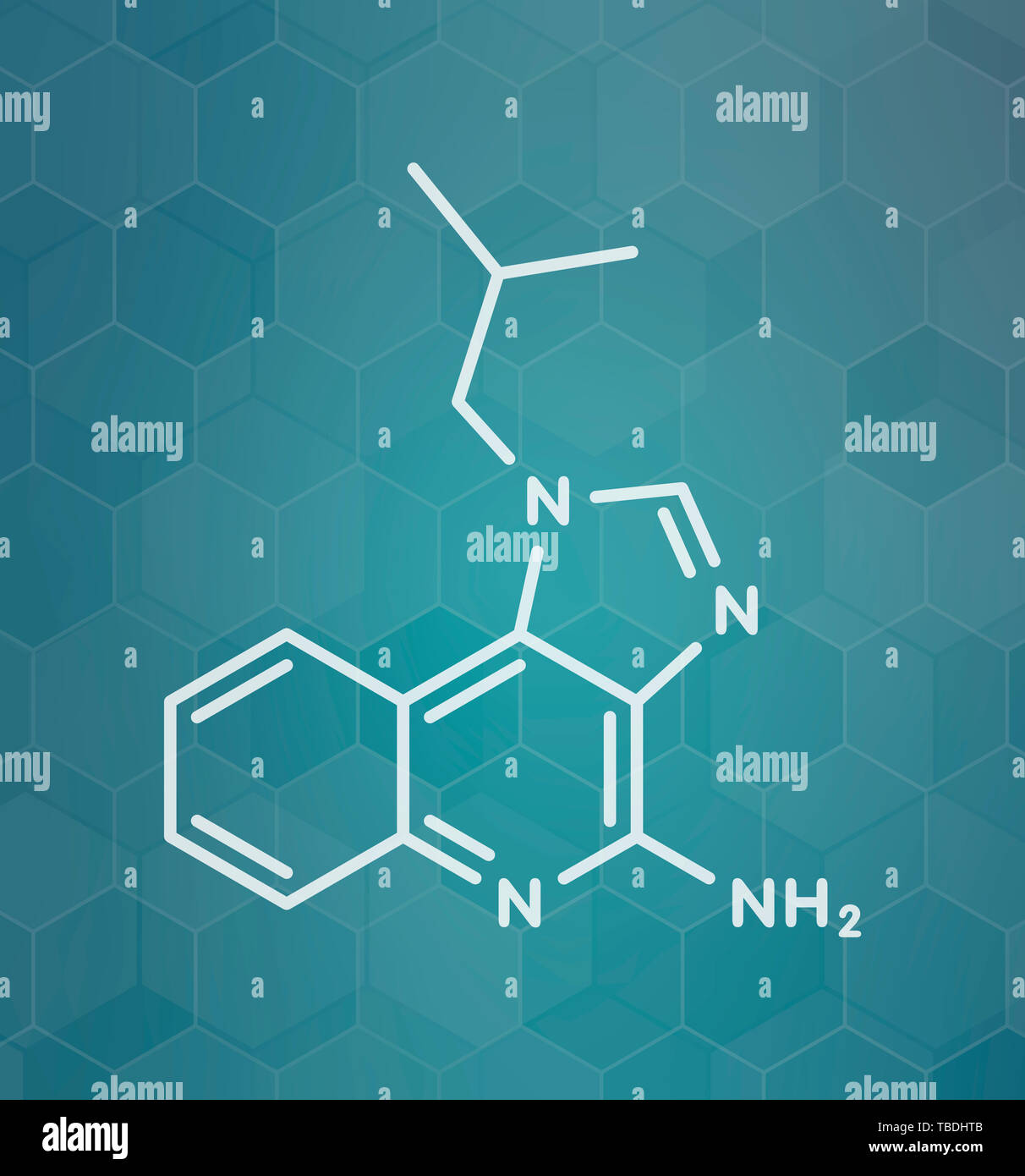 Imiquimod topical skin cancer drug molecule. White skeletal formula on ...