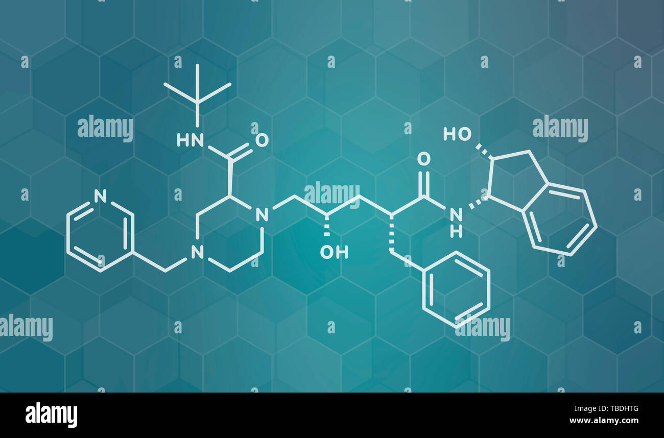 Indinavir HIV drug molecule. Belongs to protease inhibitor class. White ...