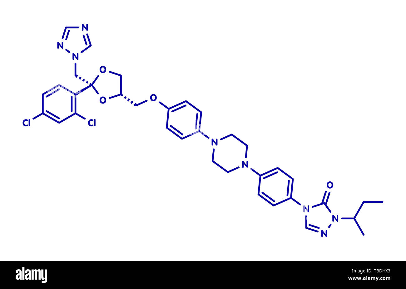 Itraconazole antifungal drug (triazole class) molecule. Blue skeletal ...