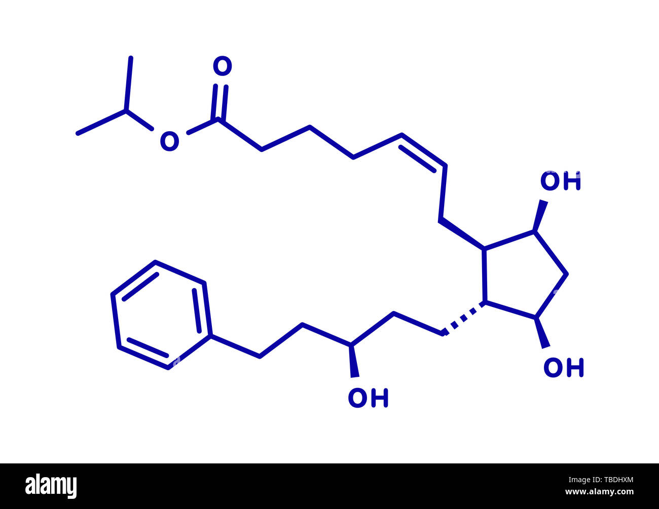 Latanoprost glaucoma drug molecule. Blue skeletal formula on white ...