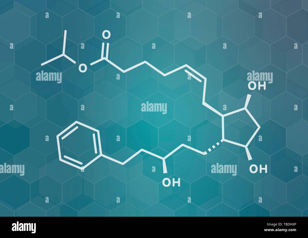 Latanoprost glaucoma drug molecule. White skeletal formula on dark teal ...
