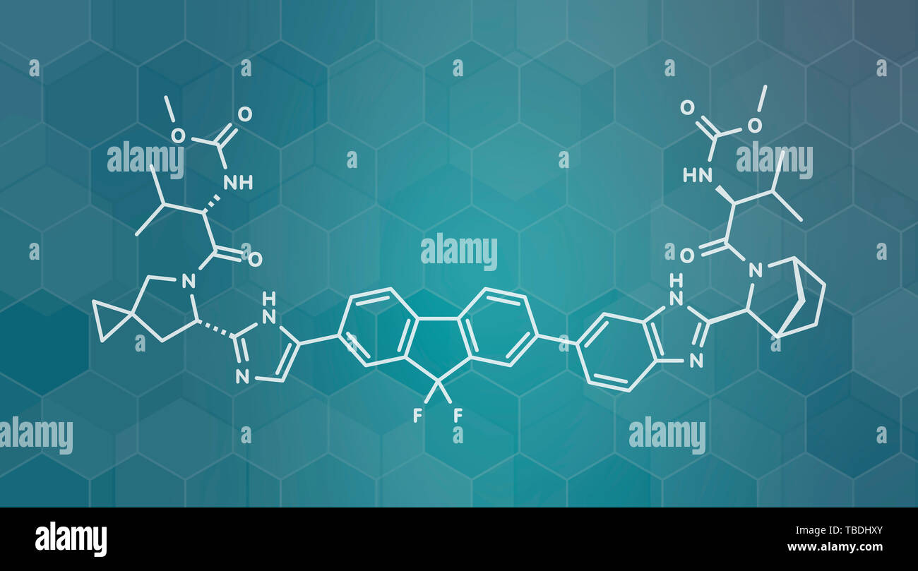 Ledipasvir hepatitis C virus (HCV) drug molecule. White skeletal ...