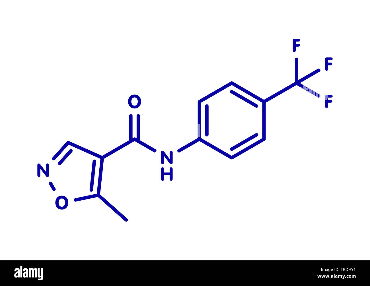 Leflunomide rheumatoid arthritis drug molecule. Blue skeletal formula ...