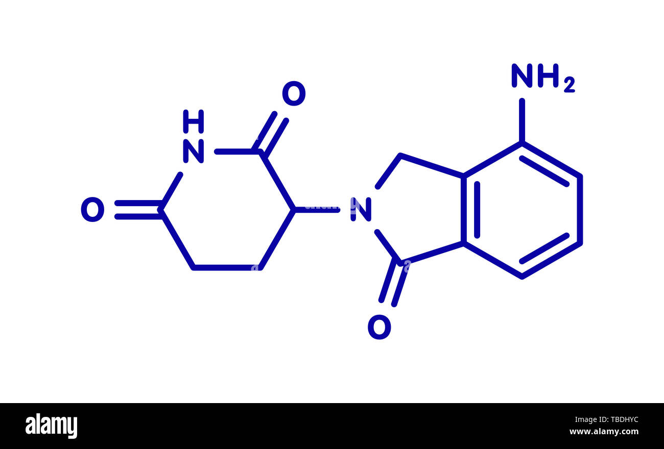 Lenalidomide multiple myeloma drug molecule. Blue skeletal formula on ...
