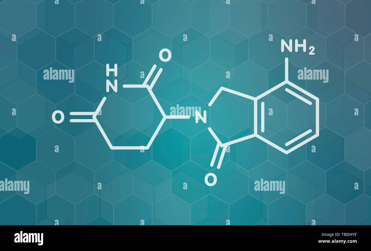 Lenalidomide multiple myeloma drug molecule. White skeletal formula on ...