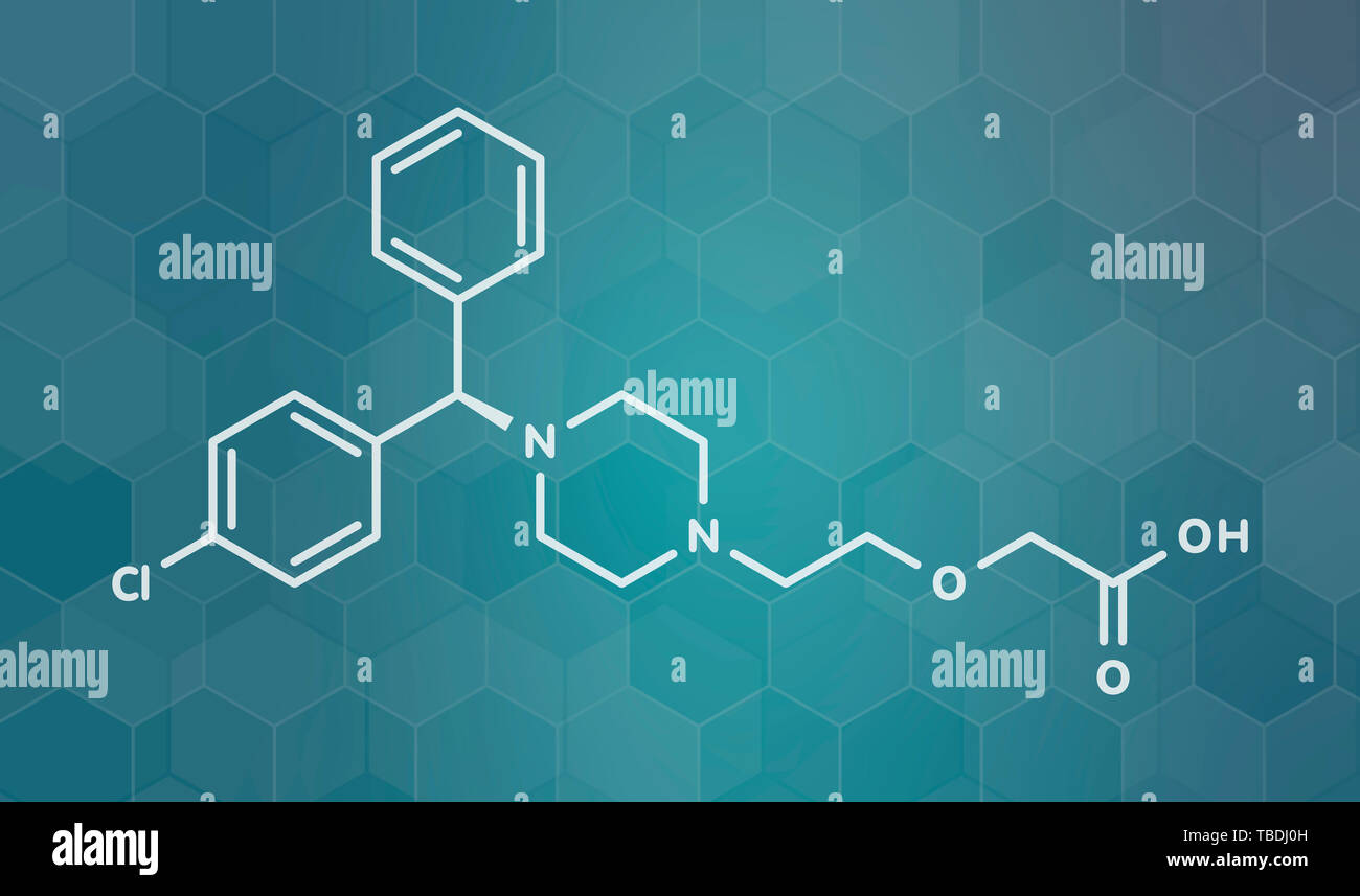 Levocetirizine antihistamine drug molecule. Used to treat hay fever ...