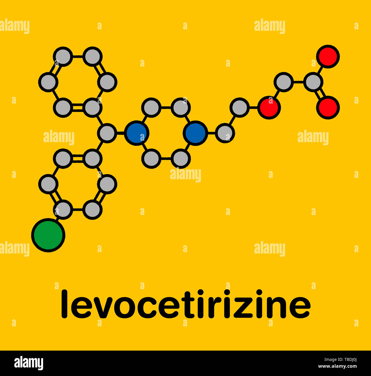 Levocetirizine antihistamine drug molecule. Used to treat hay fever ...