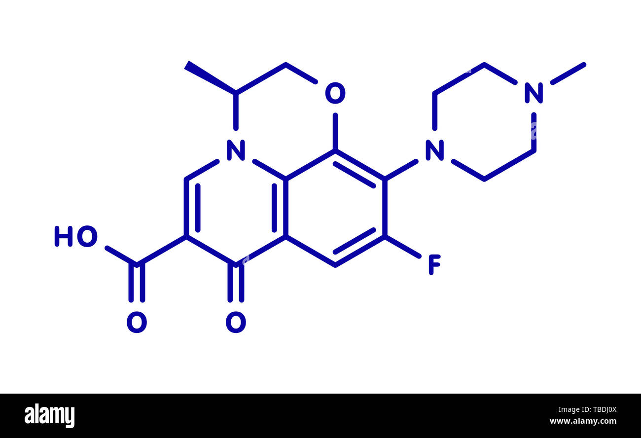 Levofloxacin antibiotic drug (fluoroquinolone class) molecule. Blue ...