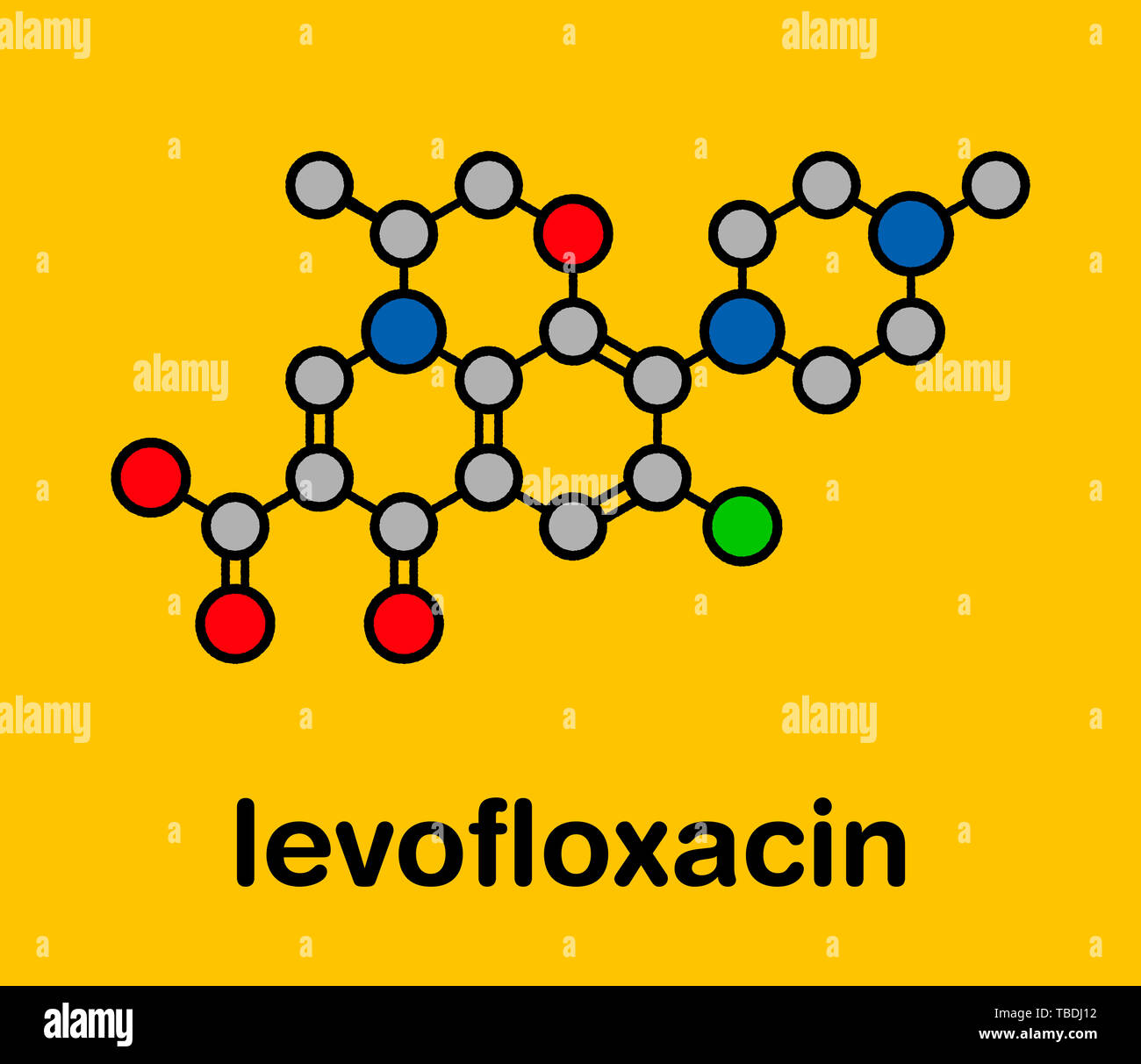 Levofloxacin antibiotic drug (fluoroquinolone class) molecule. Stylized ...