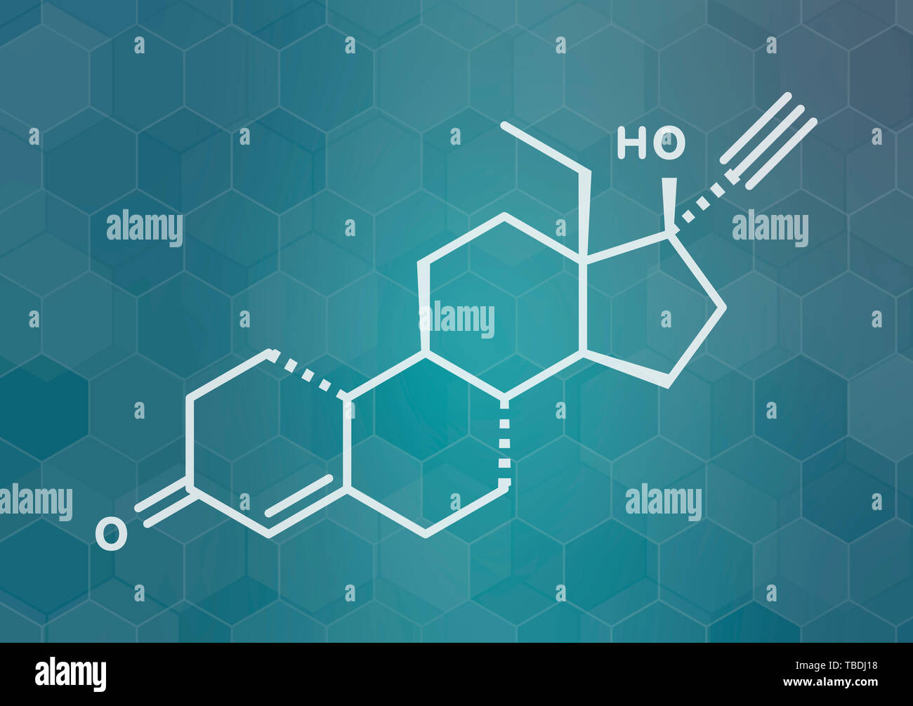 Levonorgestrel contraceptive pill drug molecule. White skeletal formula ...