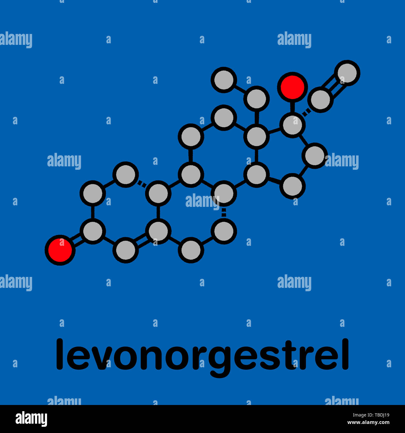 Levonorgestrel contraceptive pill drug molecule. Stylized skeletal ...