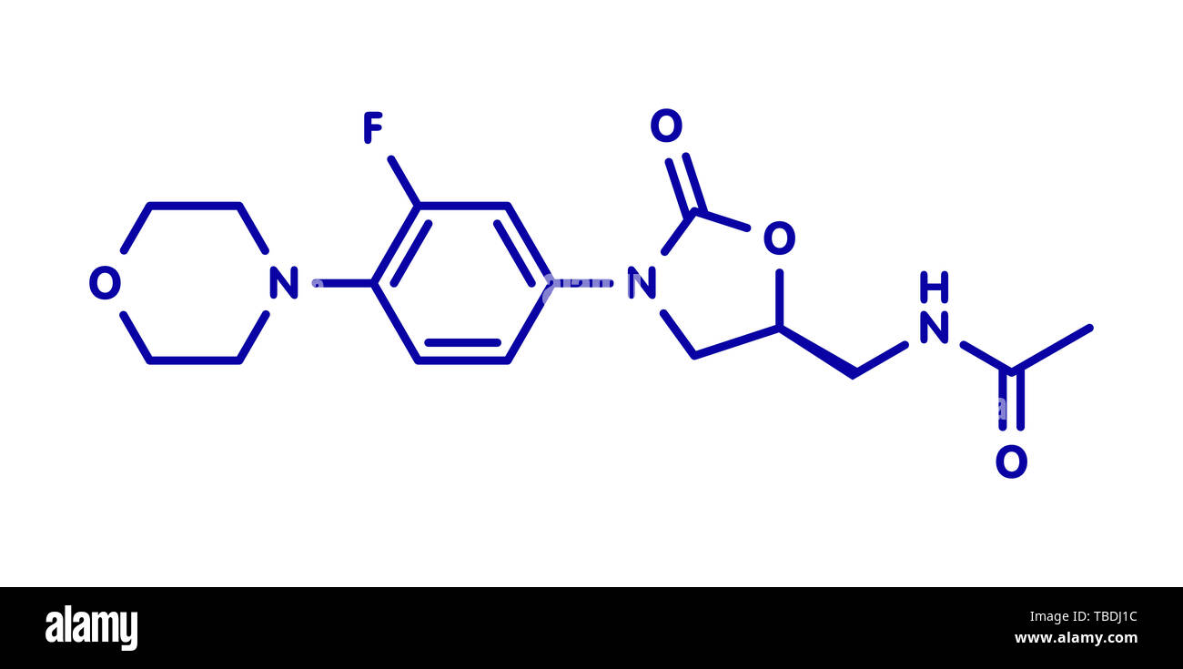 Linezolid antibiotic drug (oxazolidinone class) molecule. Blue skeletal ...