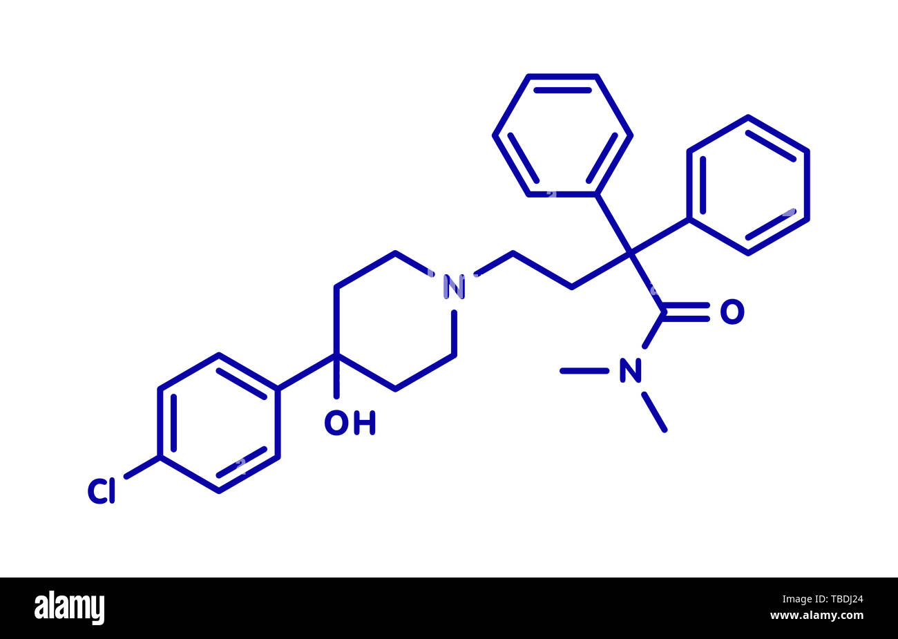 Loperamide diarrhoea drug molecule. Blue skeletal formula on white ...