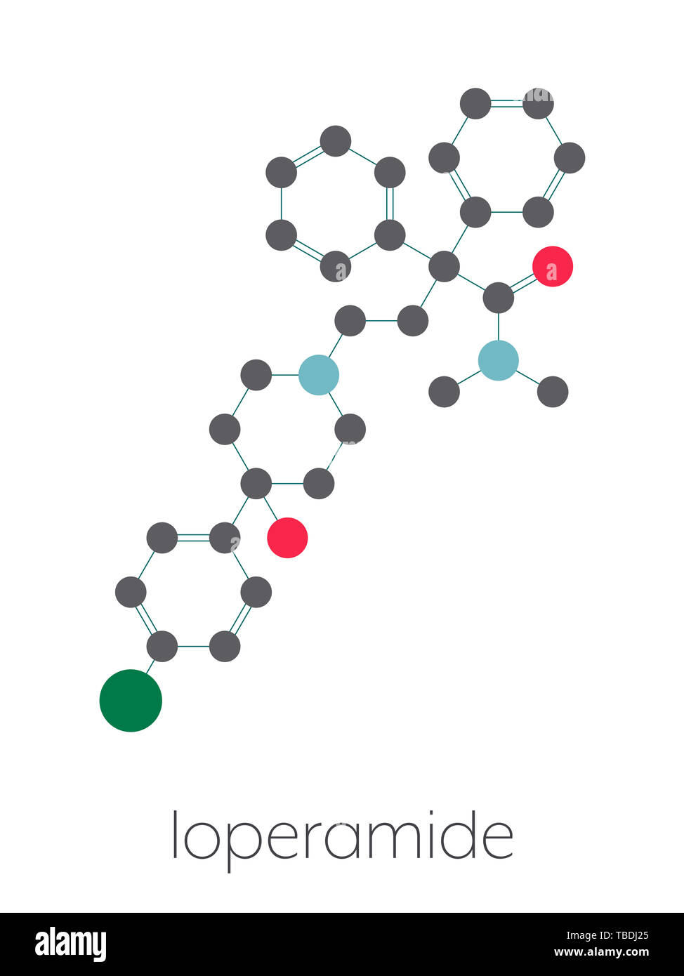 Loperamide diarrhoea drug molecule. Stylized skeletal formula (chemical ...