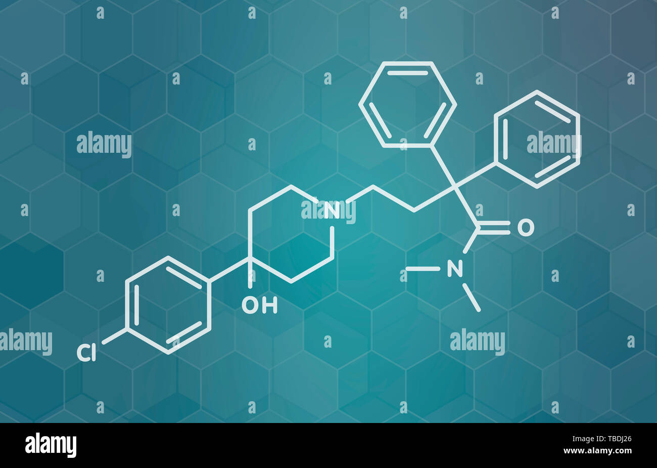 Loperamide diarrhoea drug molecule. White skeletal formula on dark teal ...