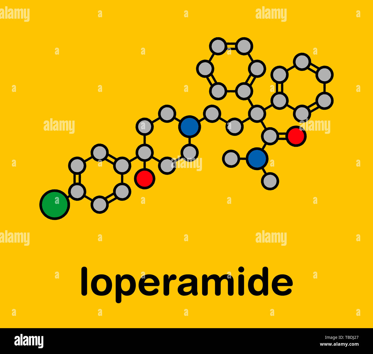 Loperamide diarrhoea drug molecule. Stylized skeletal formula (chemical ...