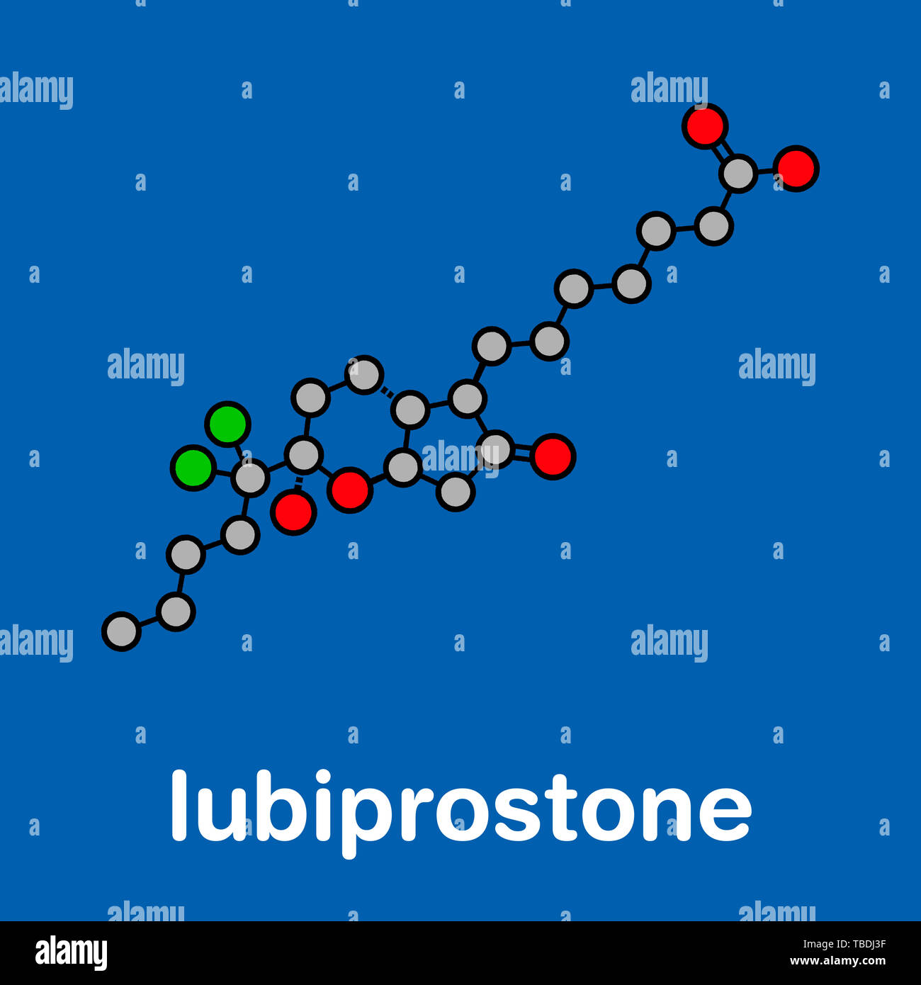 Lubiprostone chronic constipation drug molecule. Stylized skeletal ...