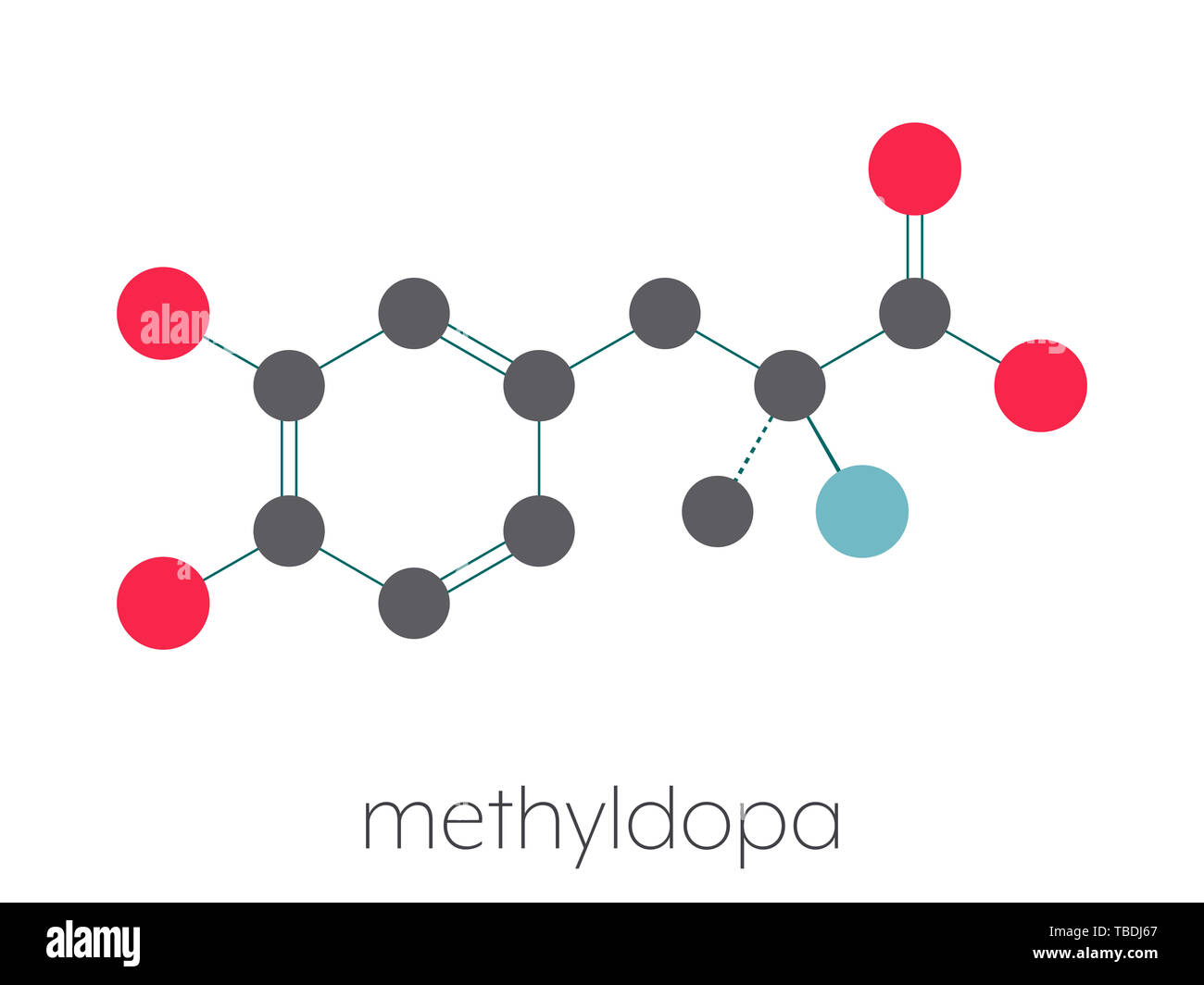 Methyldopa high blood pressure (hypertension) drug molecule. Stylized ...