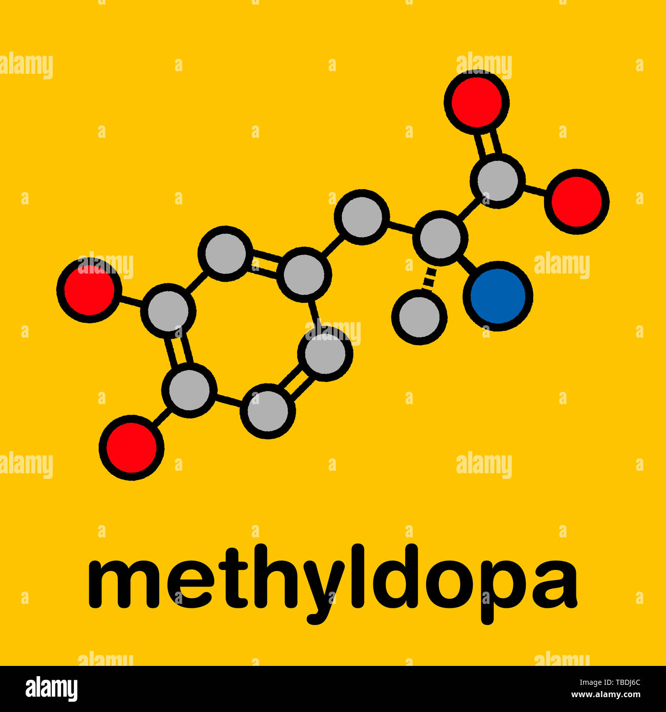 Methyldopa high blood pressure (hypertension) drug molecule. Stylized ...