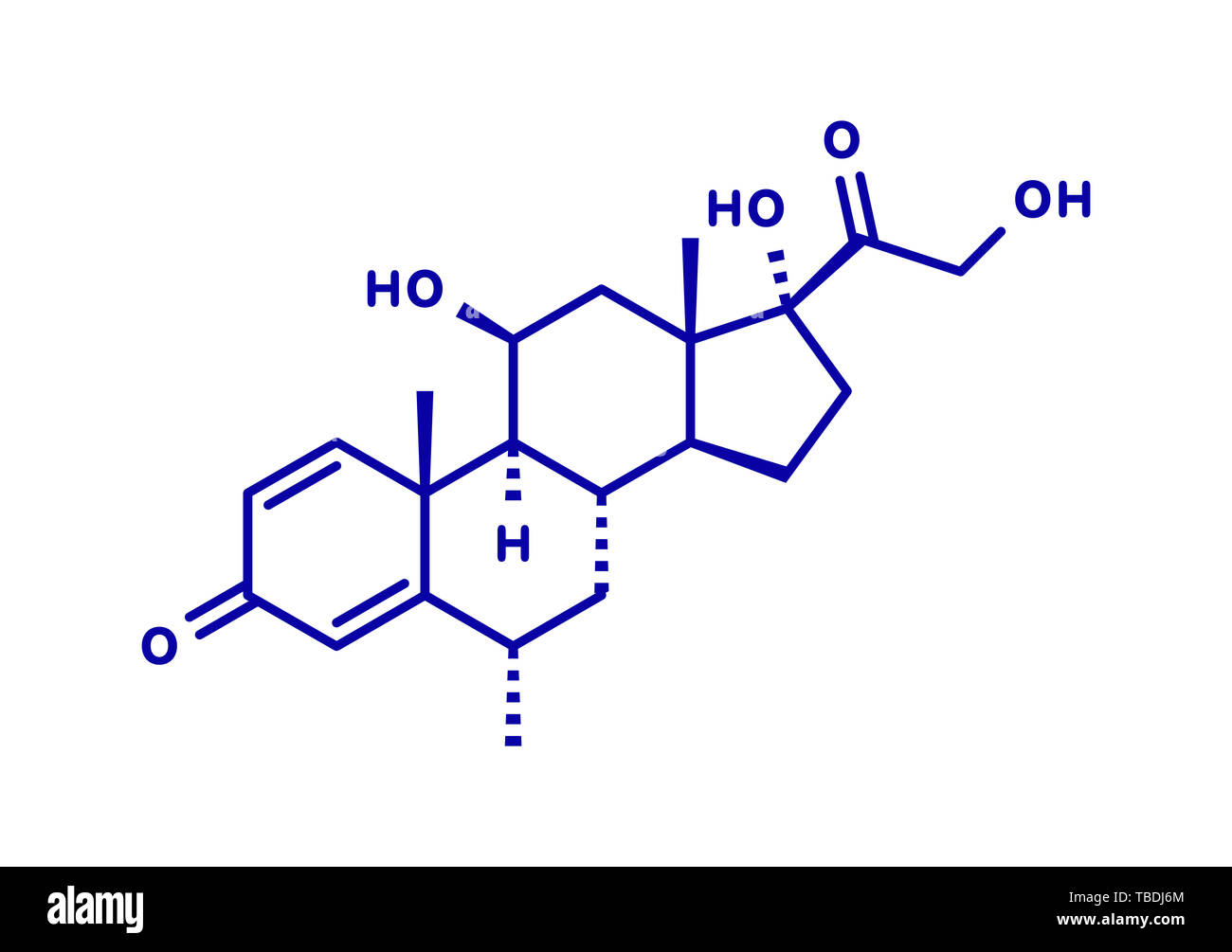 Methylprednisolone corticosteroid drug molecule. Blue skeletal formula ...