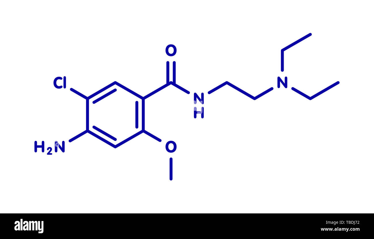 Metoclopramide nausea and vomiting treatment drug molecule. Blue ...