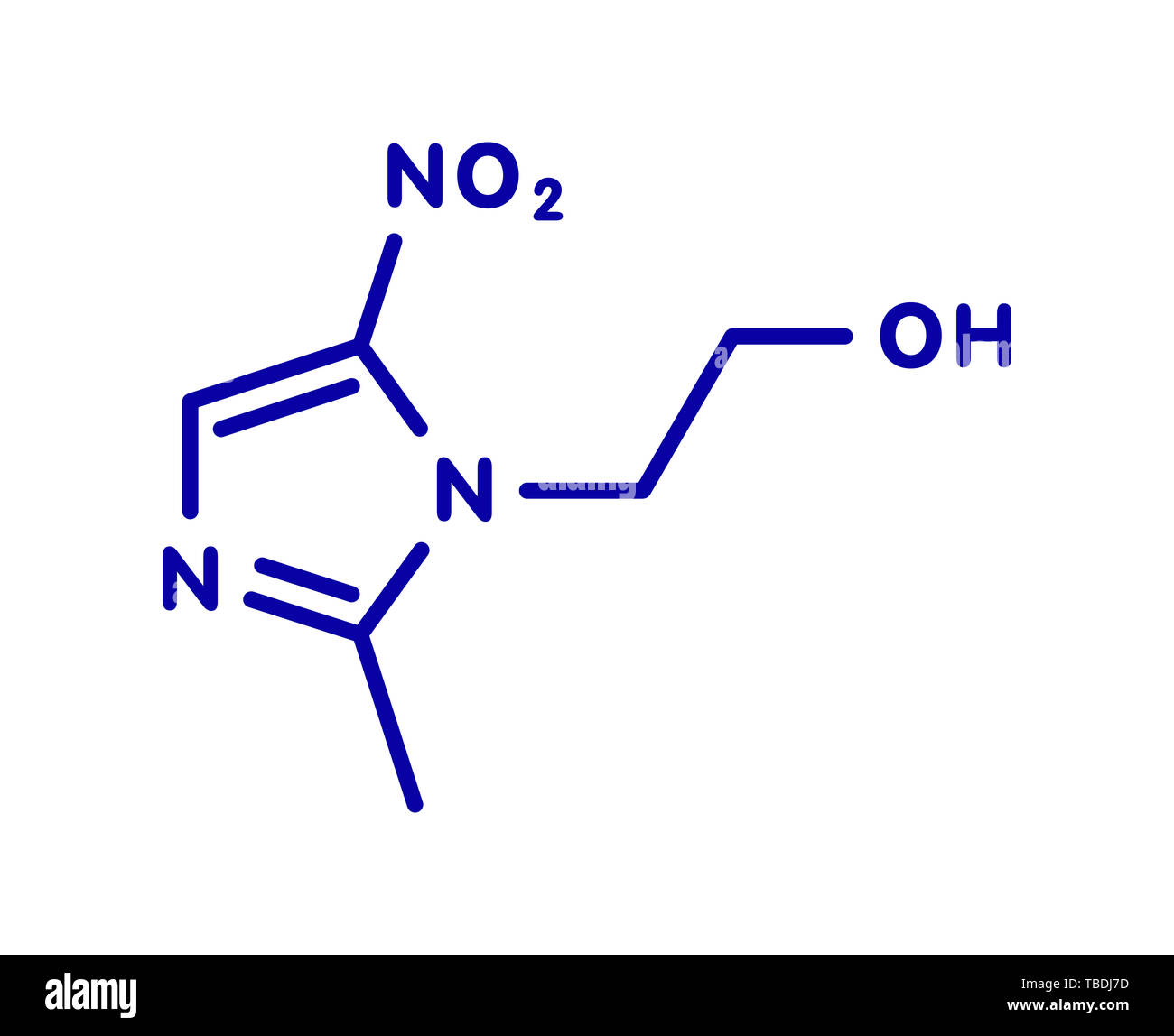 Metronidazole antibiotic drug (nitroimidazole class) molecule. Blue skeletal formula on white ...