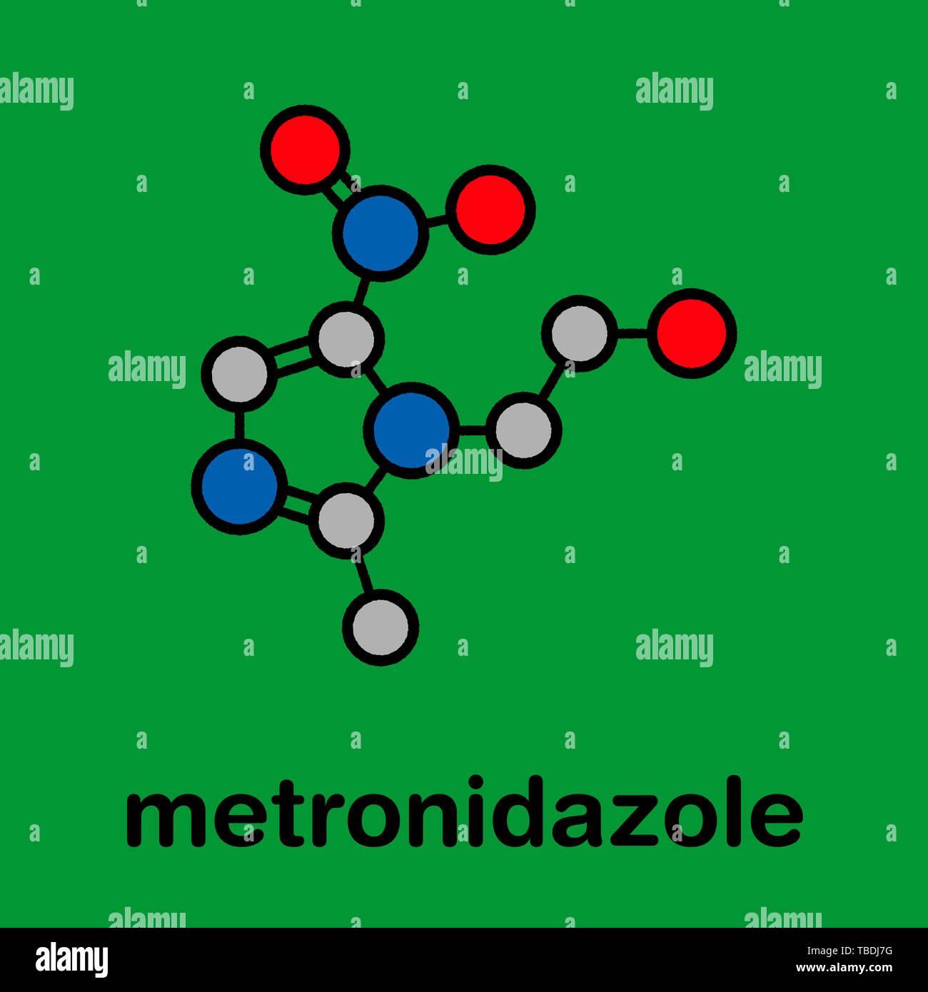 Metronidazole antibiotic drug (nitroimidazole class) molecule. Stylized skeletal formula ...