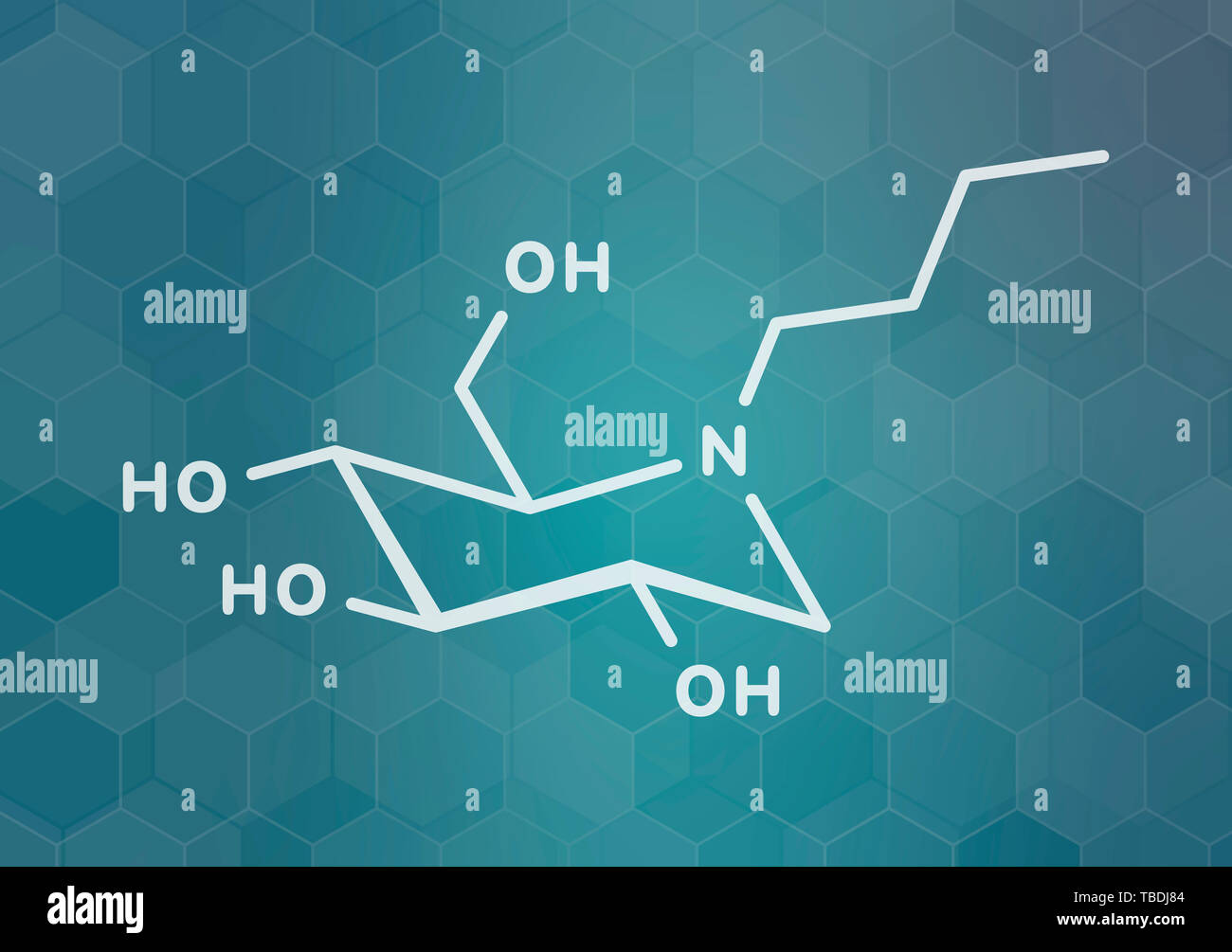 Miglustat Gaucher disease drug molecule. White skeletal formula on dark ...