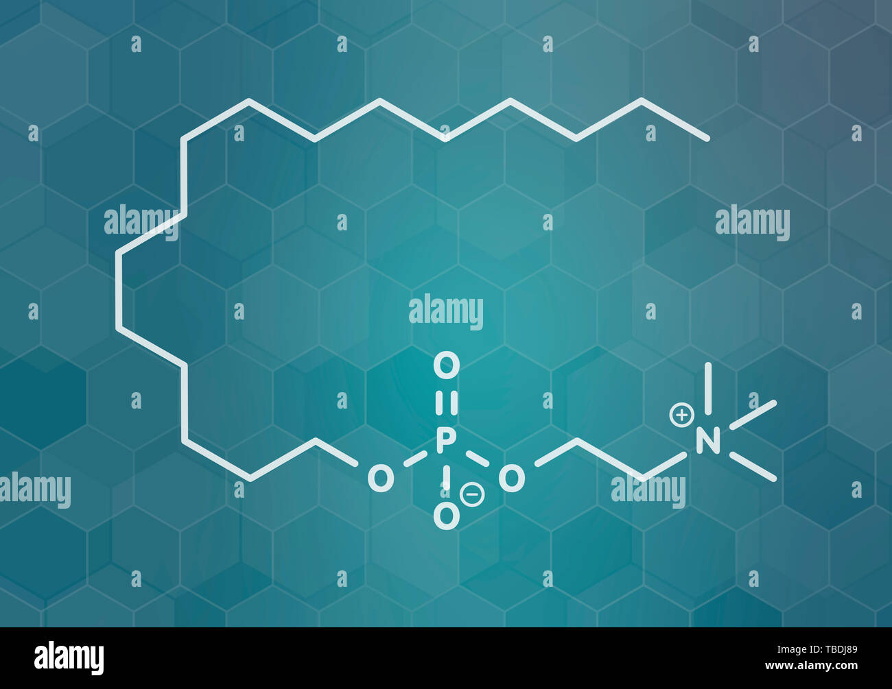 Miltefosine leishmaniasis drug molecule. White skeletal formula on dark ...
