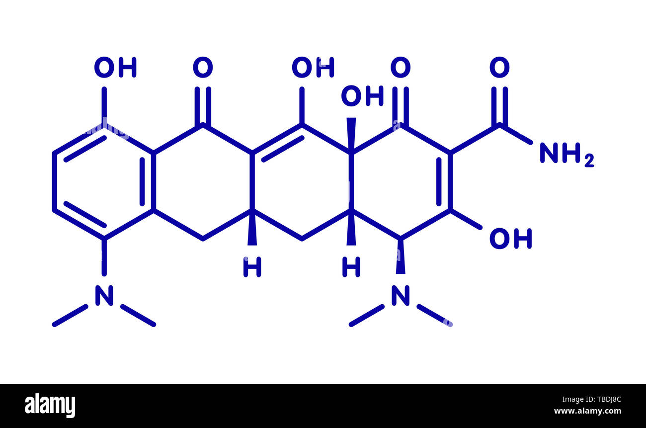Minocycline antibiotic drug (tetracycline class) molecule. Blue ...