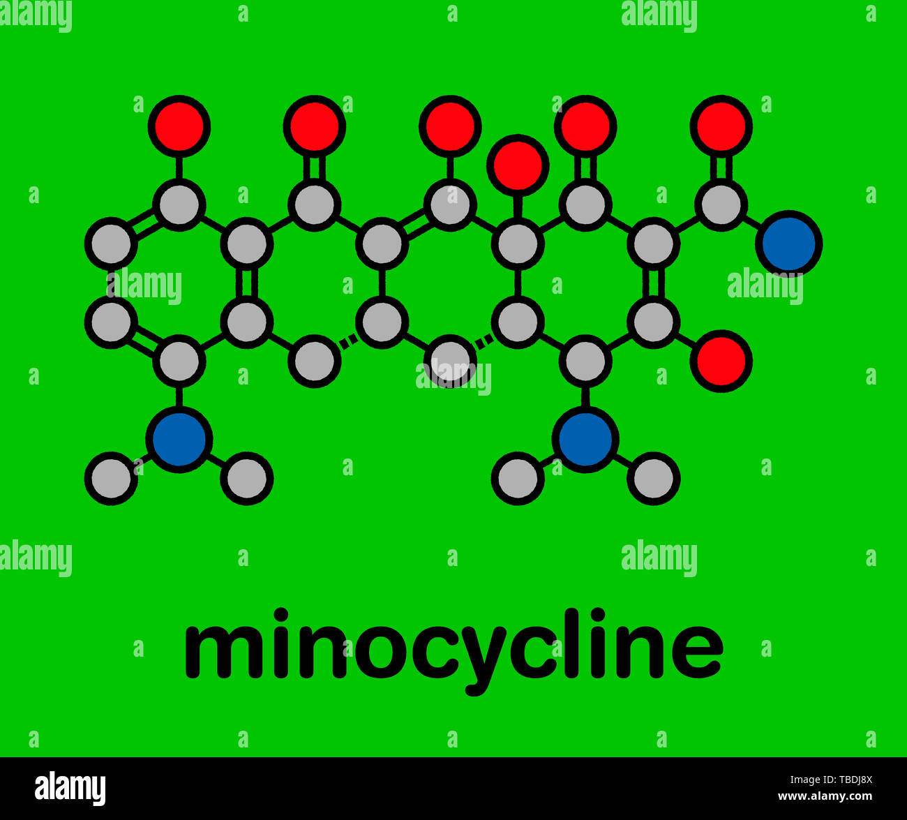 Minocycline antibiotic drug (tetracycline class) molecule. Stylized ...