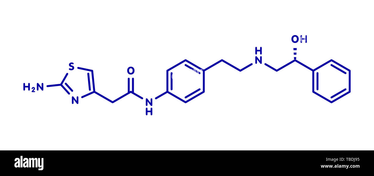 Mirabegron overactive bladder treatment drug molecule. Blue skeletal ...