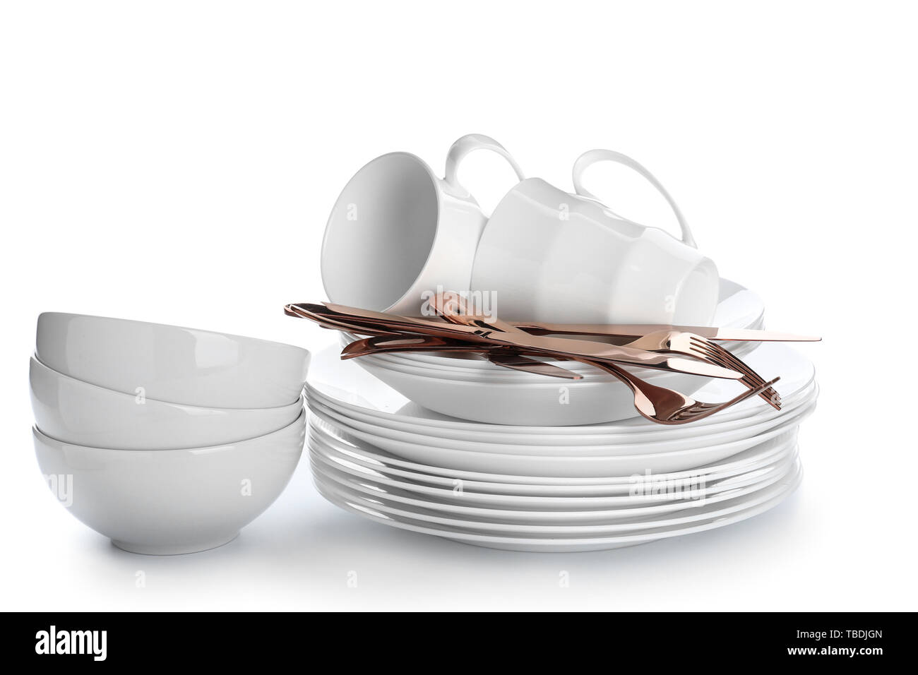 Set of tableware on white background Stock Photo - Alamy