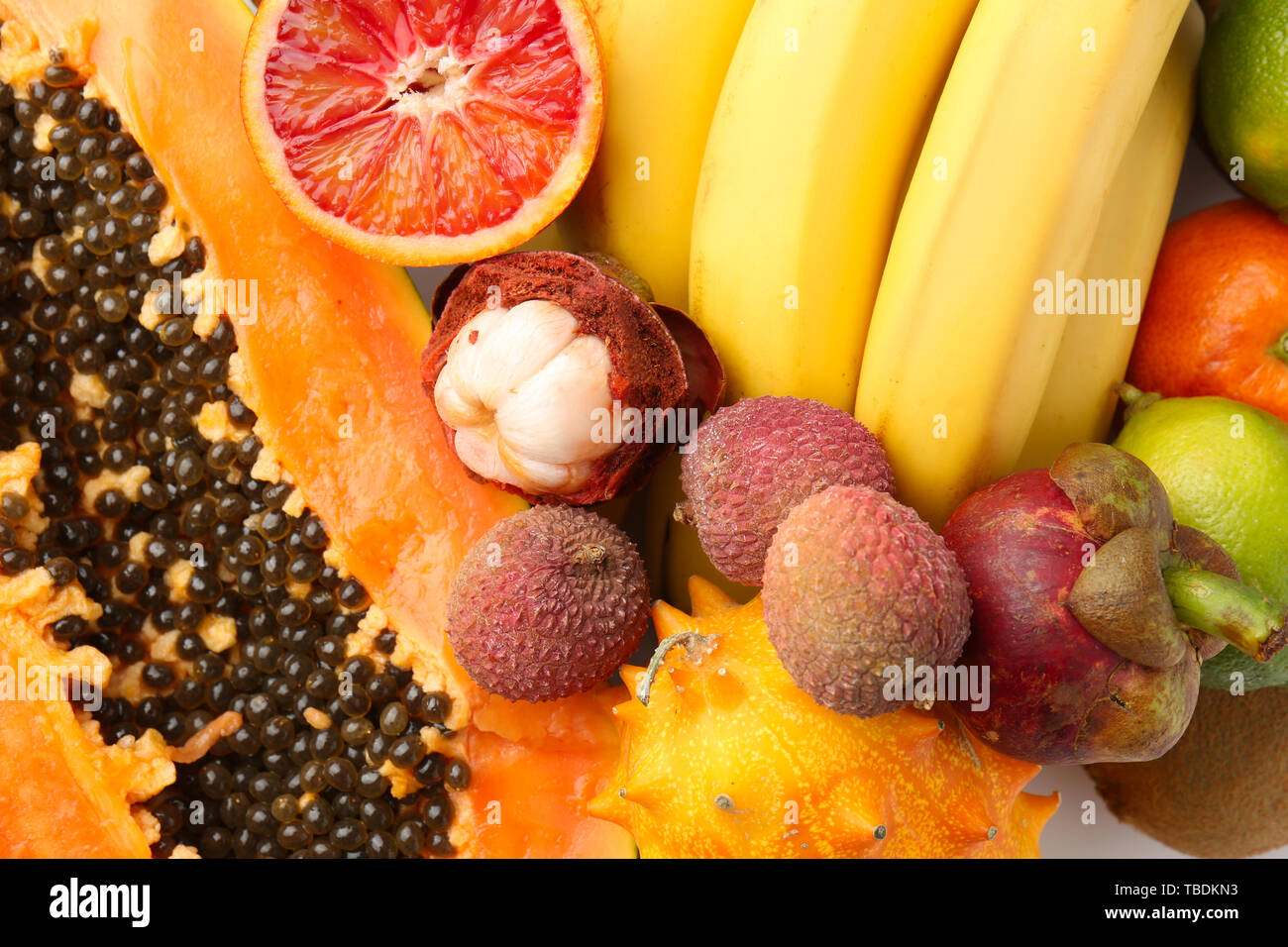 Assortment of tasty exotic fruits, closeup Stock Photo - Alamy