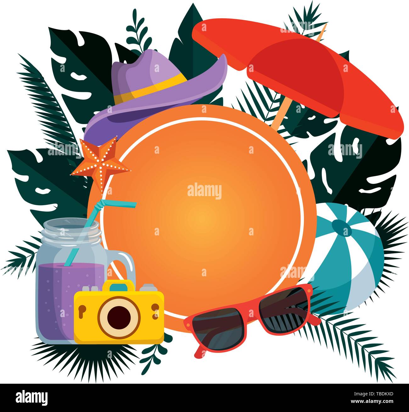 summer circular frame with leafs and umbrella Stock Vector Image & Art ...