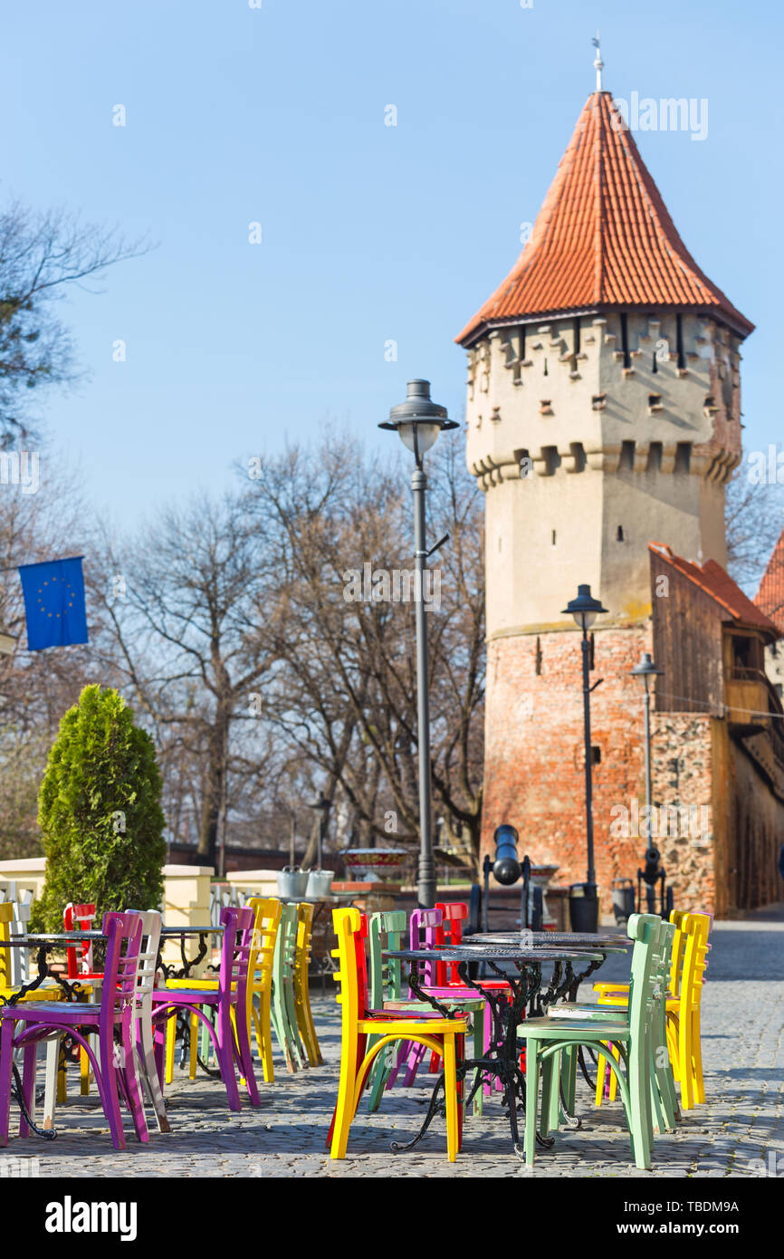 Medieval fortification system of walls and towers in famous Sibiu city ...
