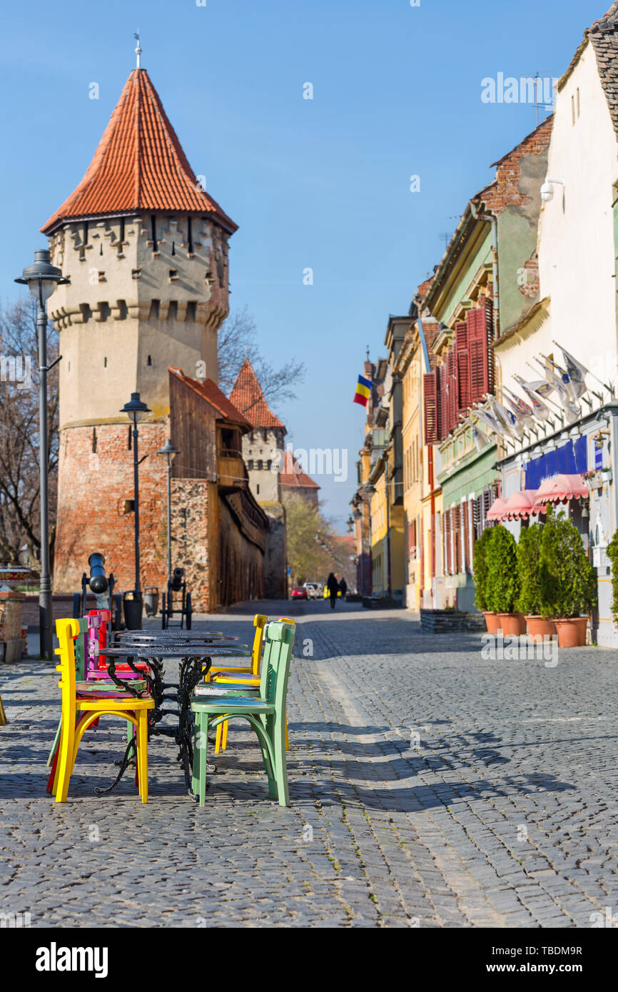 Medieval fortification system of walls and towers in famous Sibiu city ...