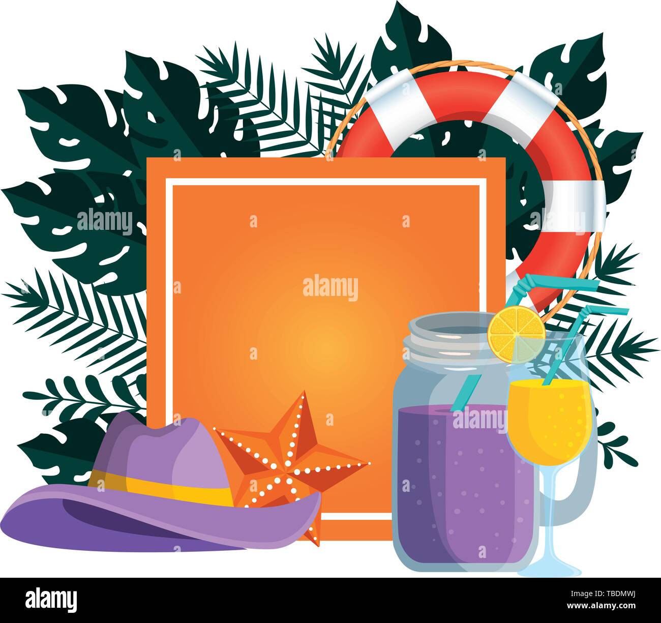 summer square frame with tropical leafs and set icons Stock Vector ...
