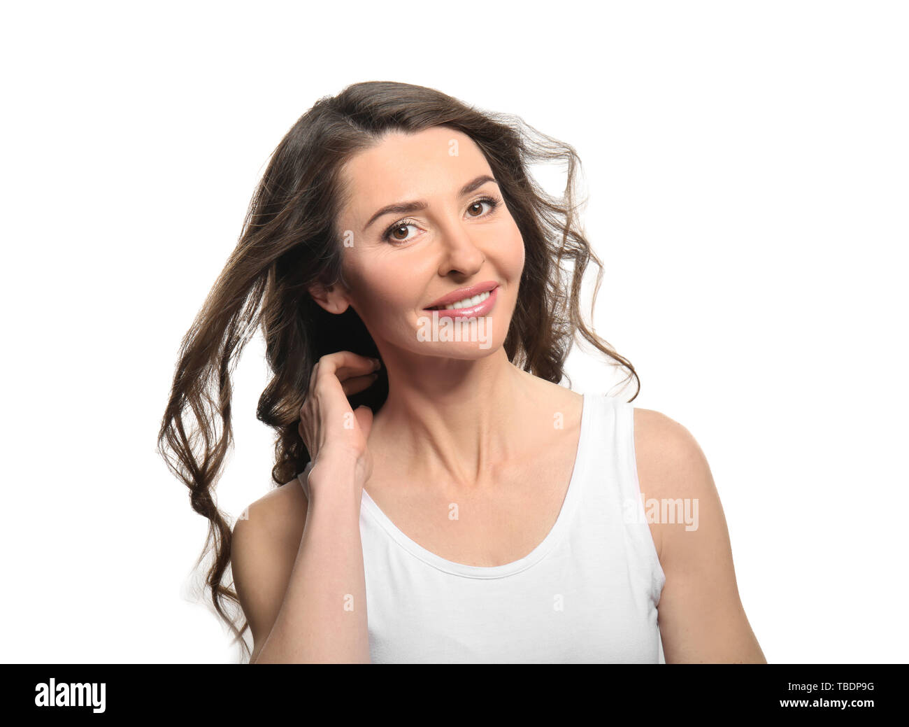 Portrait of beautiful woman on white background Stock Photo - Alamy