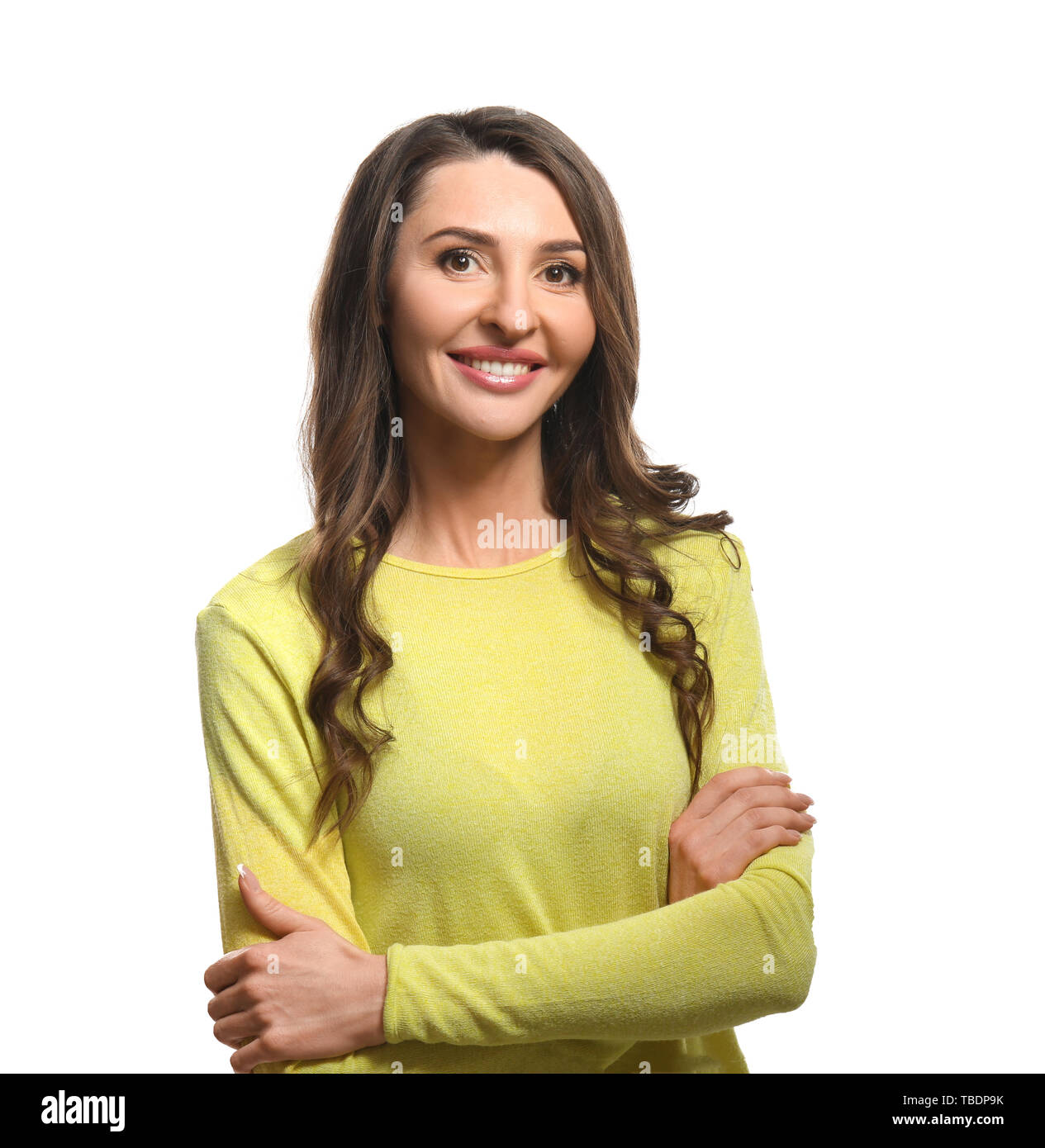 Portrait of beautiful woman on white background Stock Photo - Alamy