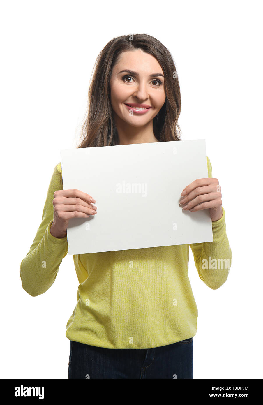 Portrait of beautiful woman with blank poster on white background Stock ...