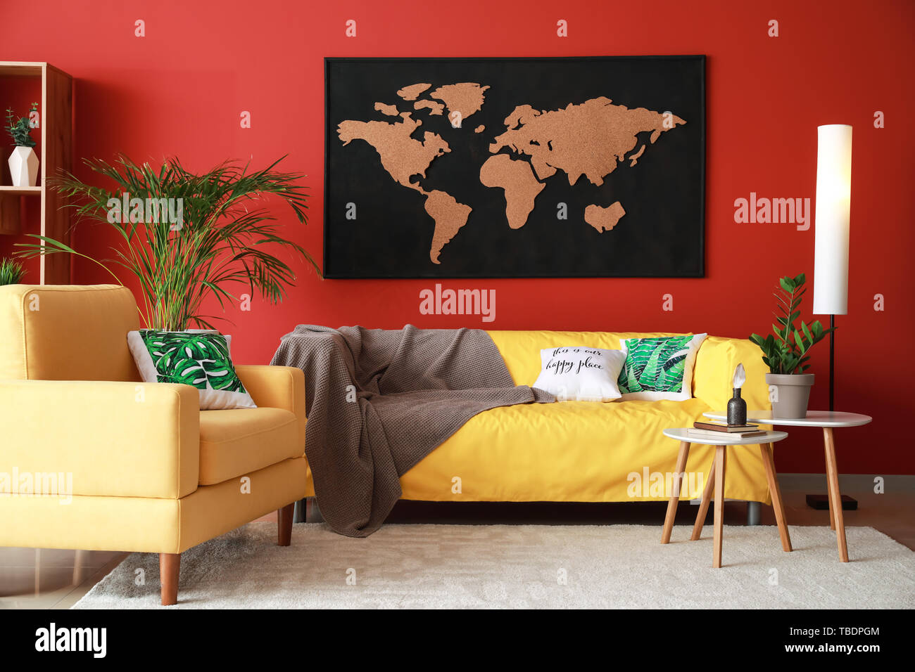 Interior of beautiful room with picture of world map Stock Photo - Alamy