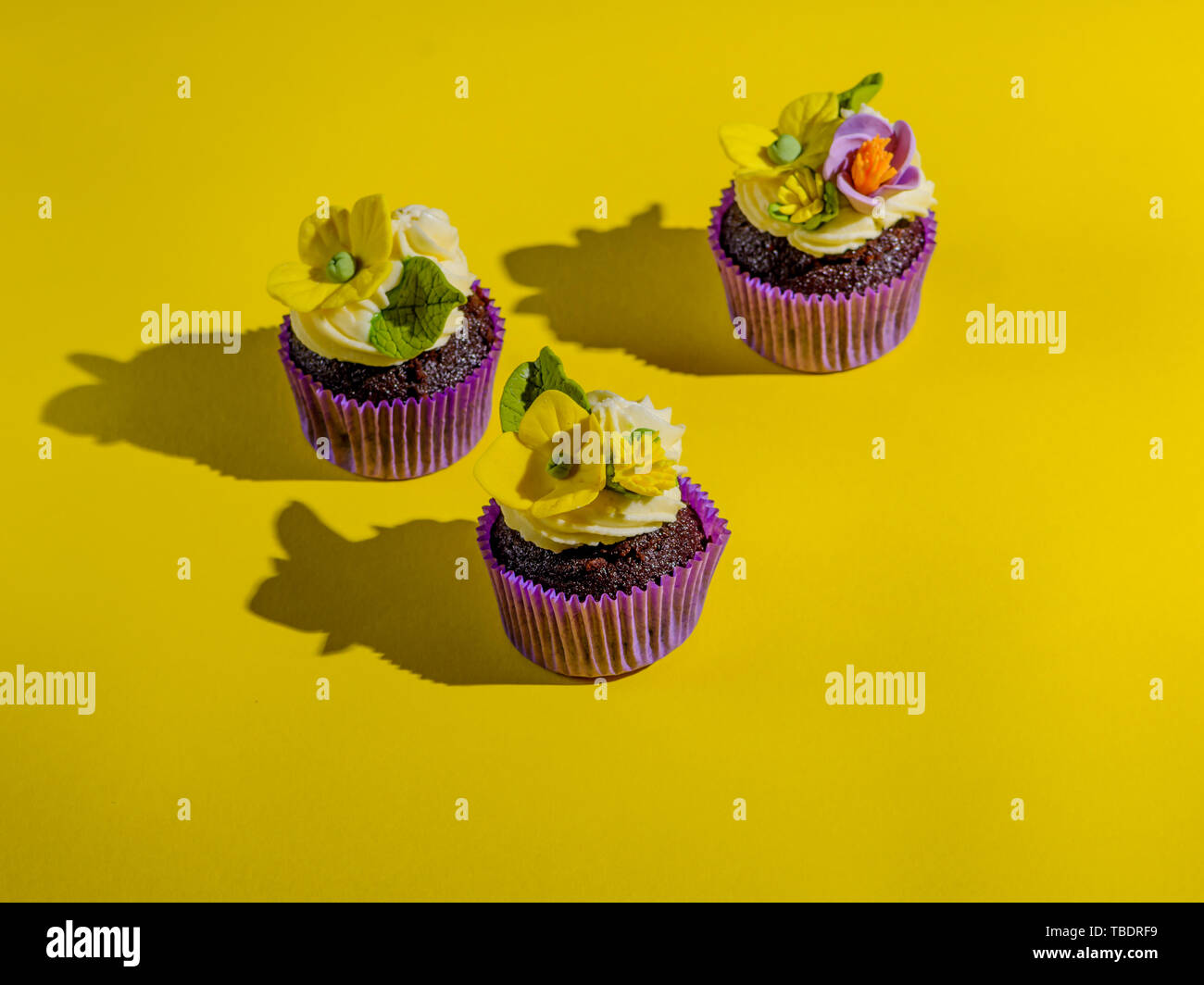 Cupcake in purple wrap on solid yellow background with strong shadow ...