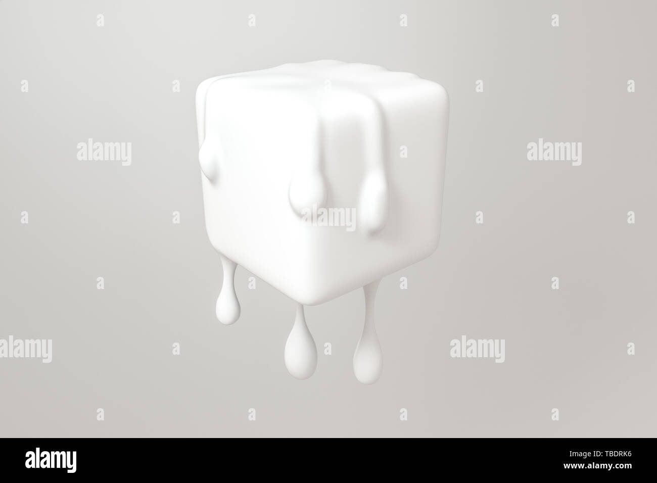 White melting cube with liquid drop details, 3d rendering. Computer ...