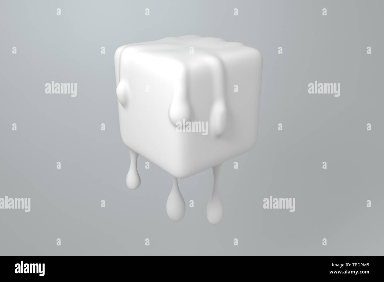 White melting cube with liquid drop details, 3d rendering. Computer ...
