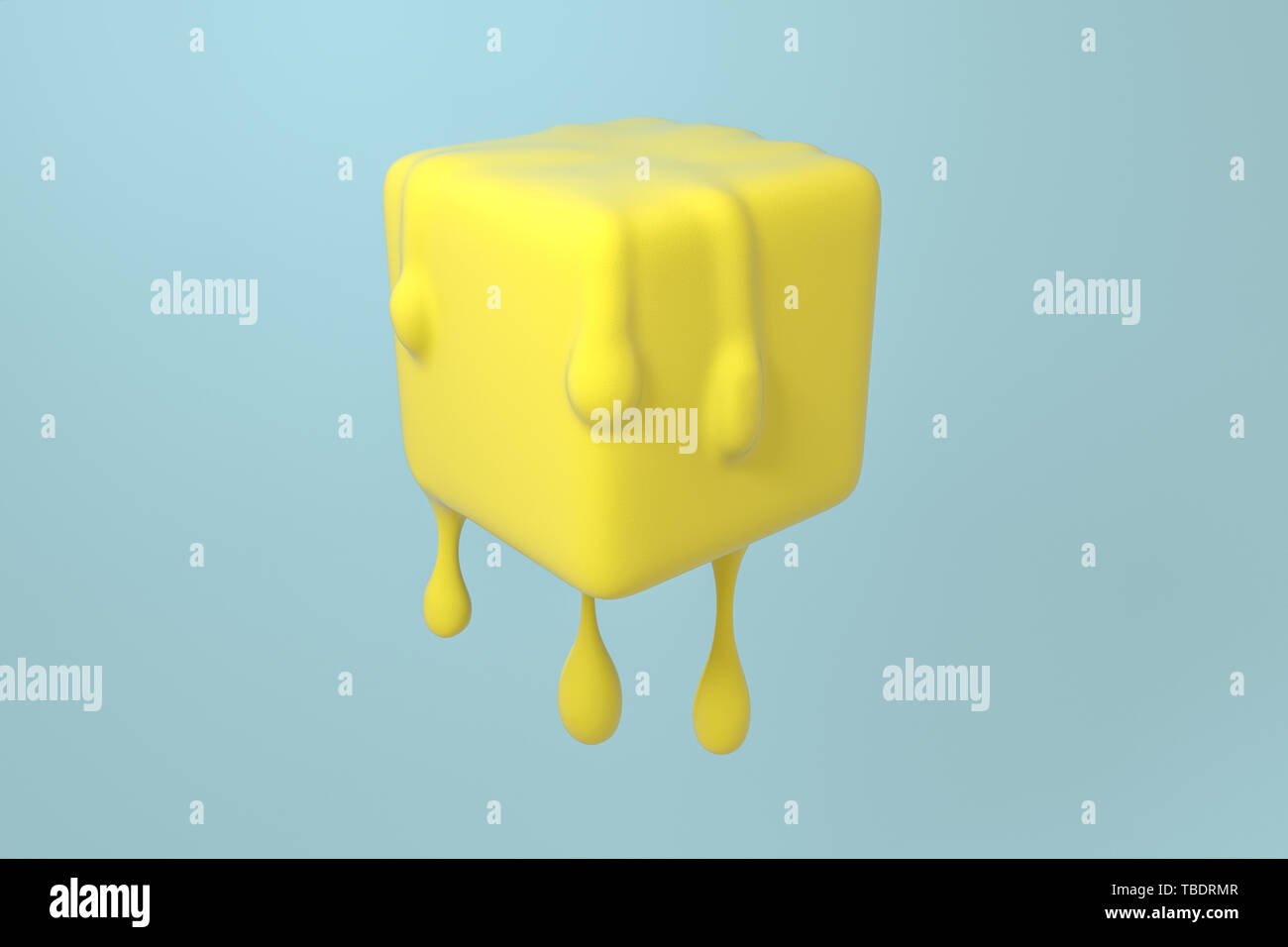 Yellow melting cube with liquid drop details, 3d rendering. Computer ...