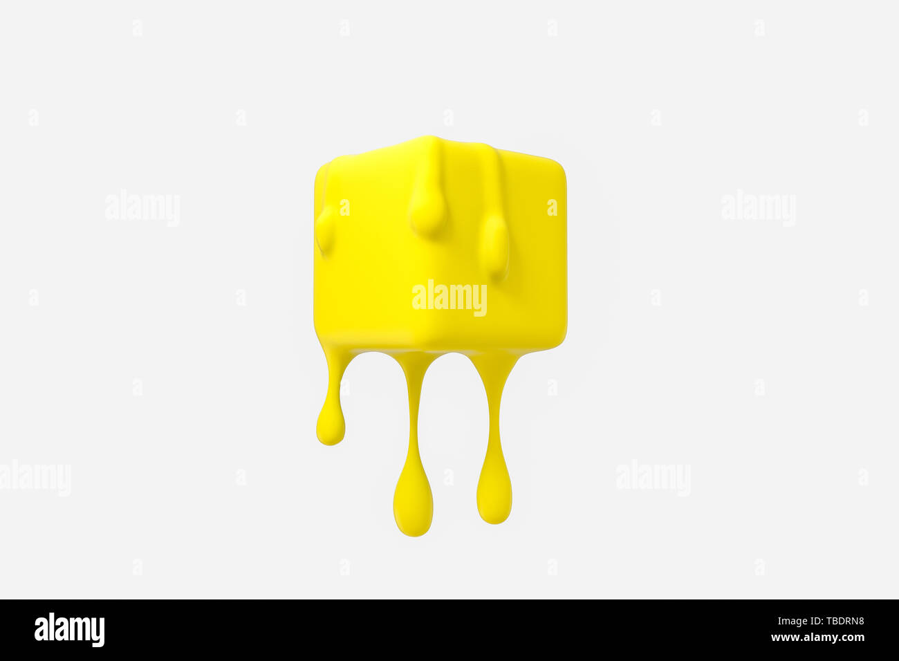 Yellow melting cube with liquid drop details, 3d rendering. Computer ...