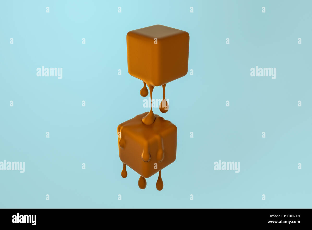 Melting chocolate cube with liquid drop details, 3d rendering. Computer ...