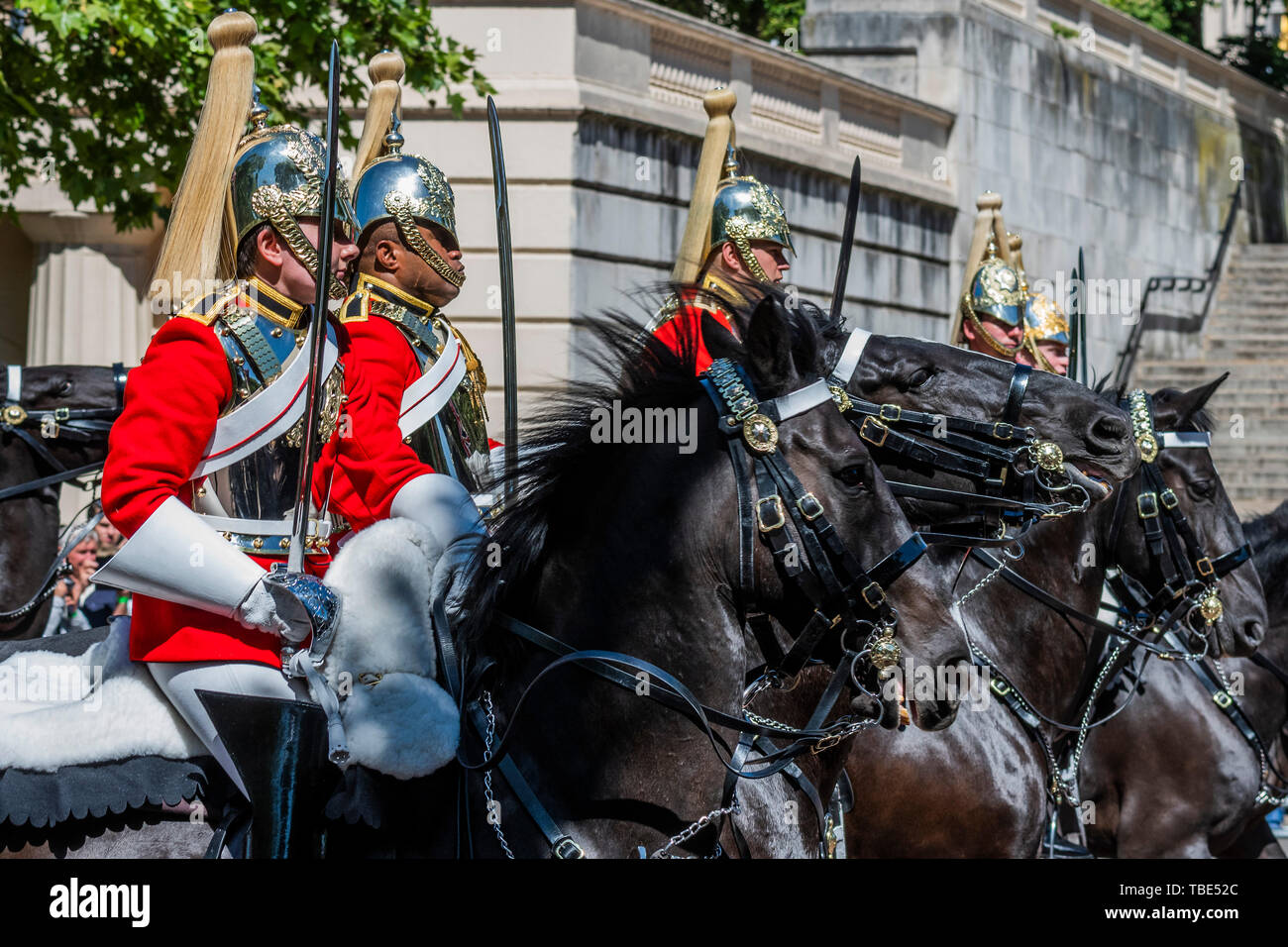 London, UK. 1st June 2019. Bands and Life Guards ride down the Mall ...